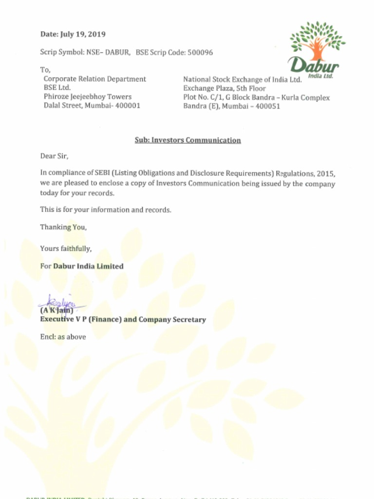 V.. R L 'F": Scrip Symbol: NSE-DABUR, BSE Scrip Code: 500096 | PDF ...