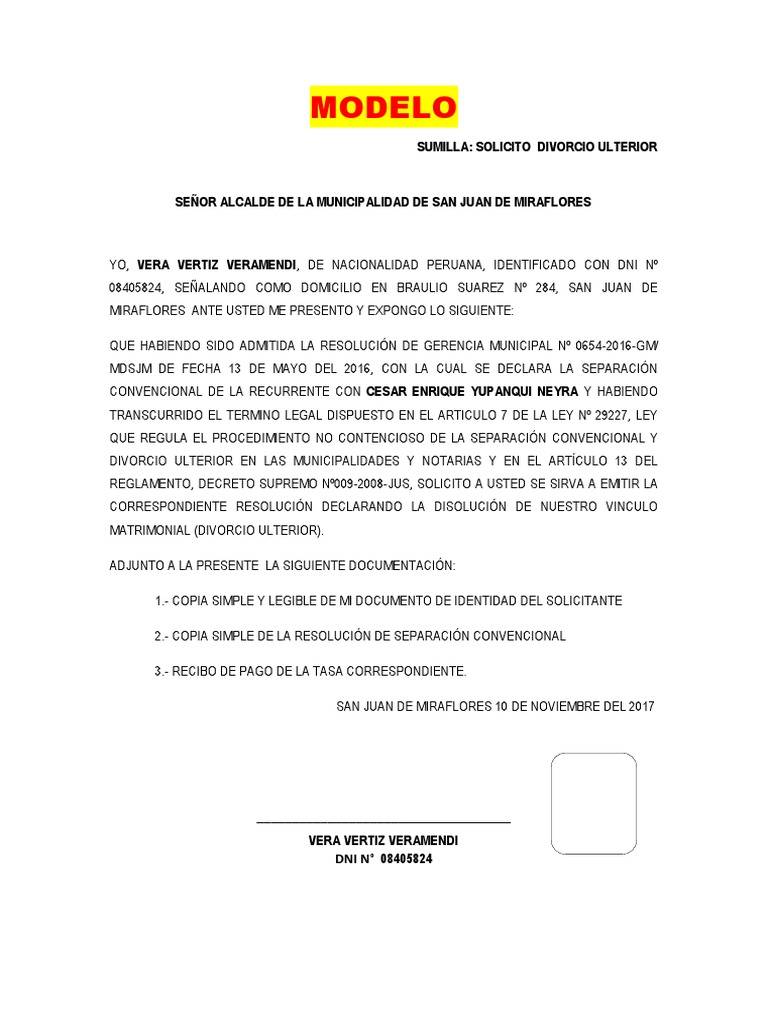 Modelo Solicitud de Divorcio Ulterior | PDF Modelo Solicitud de Divorcio Ulterior | PDF
