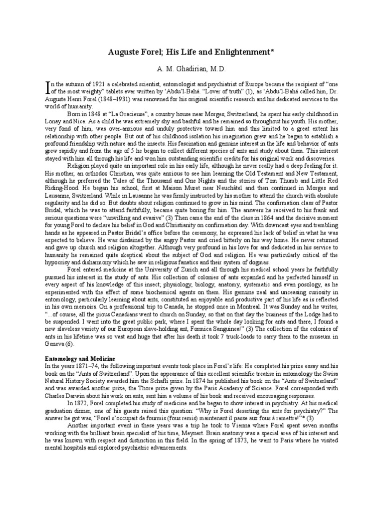 Auguste Forel's Lifelong Pursuit of Truth and Enlightenment Through ...