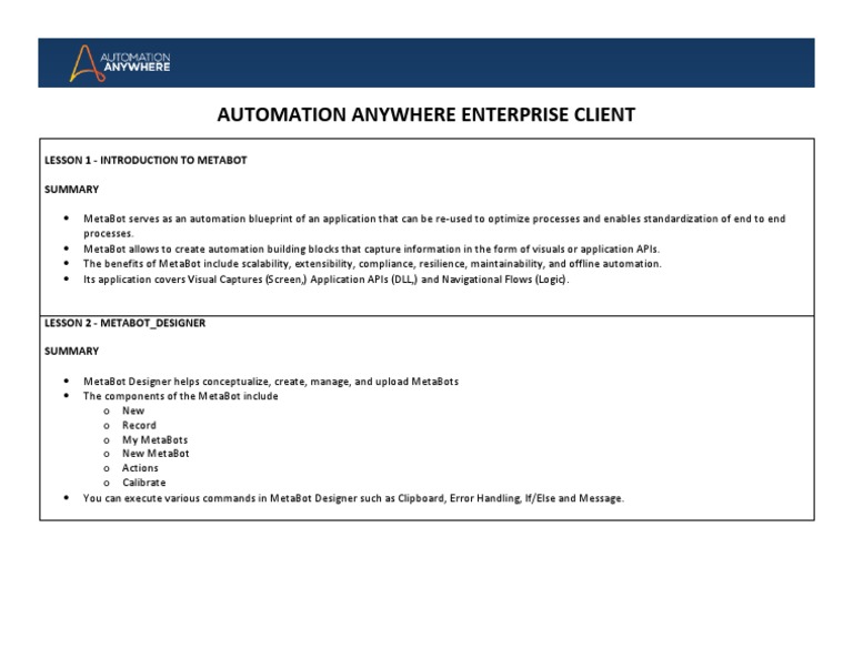 Automation Anywhere Enterprise Client: Lesson 1 - Introduction To Metabot | PDF | Automation ...