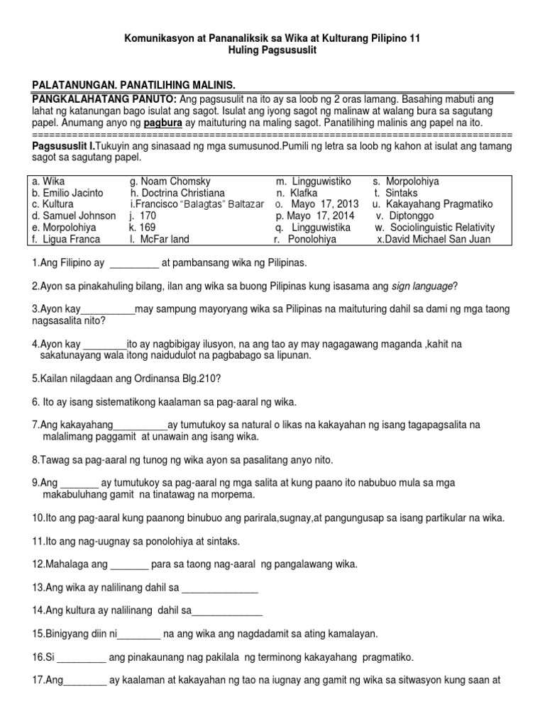 Final Exam Filipino 11 | PDF