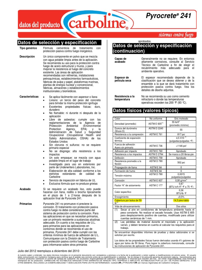 Pyrocrete 241 PDS 7-12 ES-LA (Fireproofing) | PDF | Hormigón | Materiales