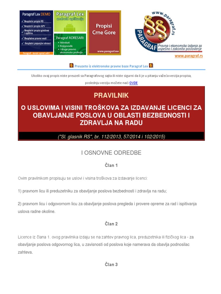 Pravilnik o Uslovima I Visini Troskova Za Izdavanje Licenci Za (Sl. Glasnik RS, Br. 112-13, 57 ...