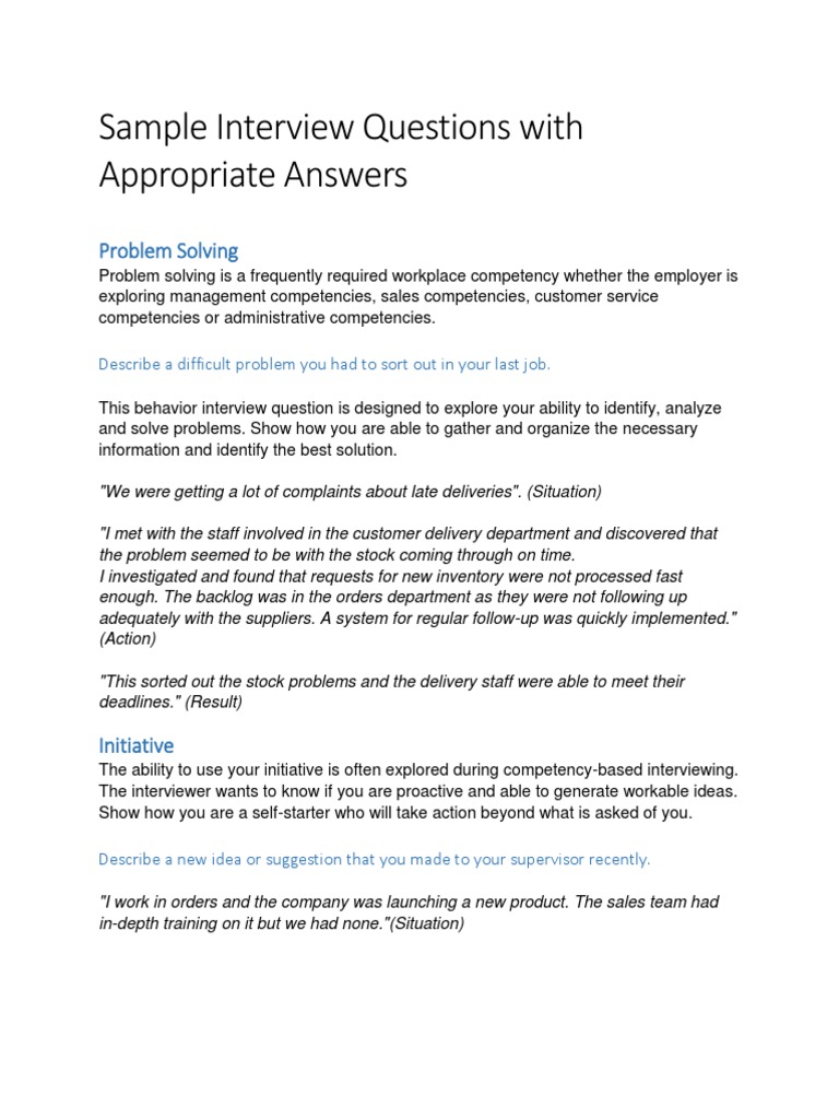 Sample Interview Questions With Appropriate Answers PDF | PDF ...
