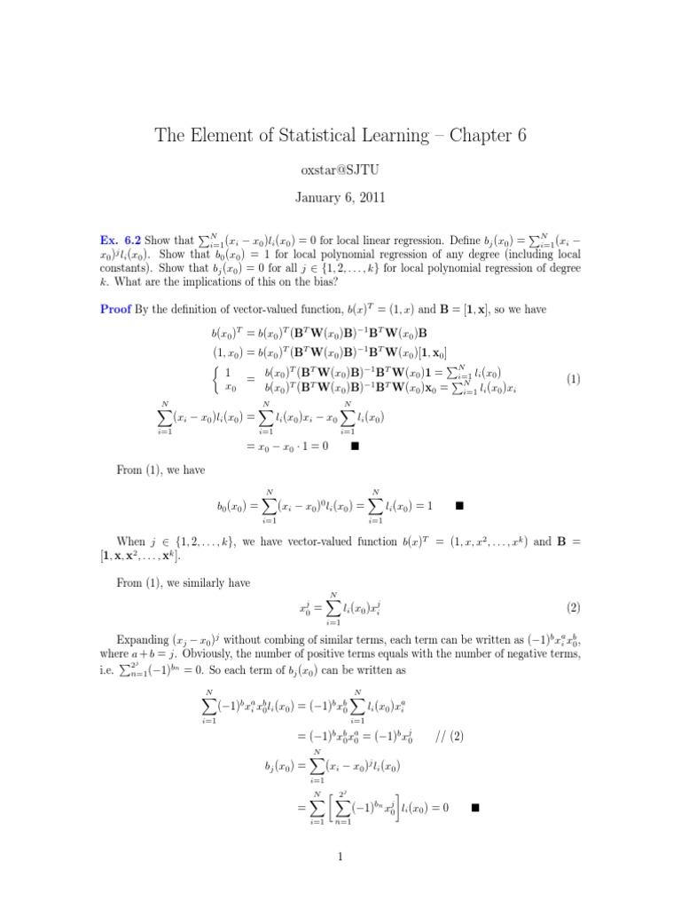 Solution of The Elements of Statistical Learning Ch6 | PDF ...