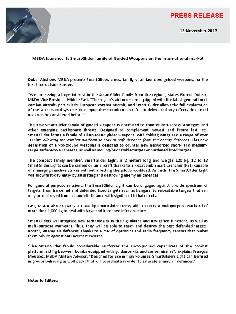 PR MBDA Launches SmartGlider | PDF | Anti Aircraft Warfare | Missile