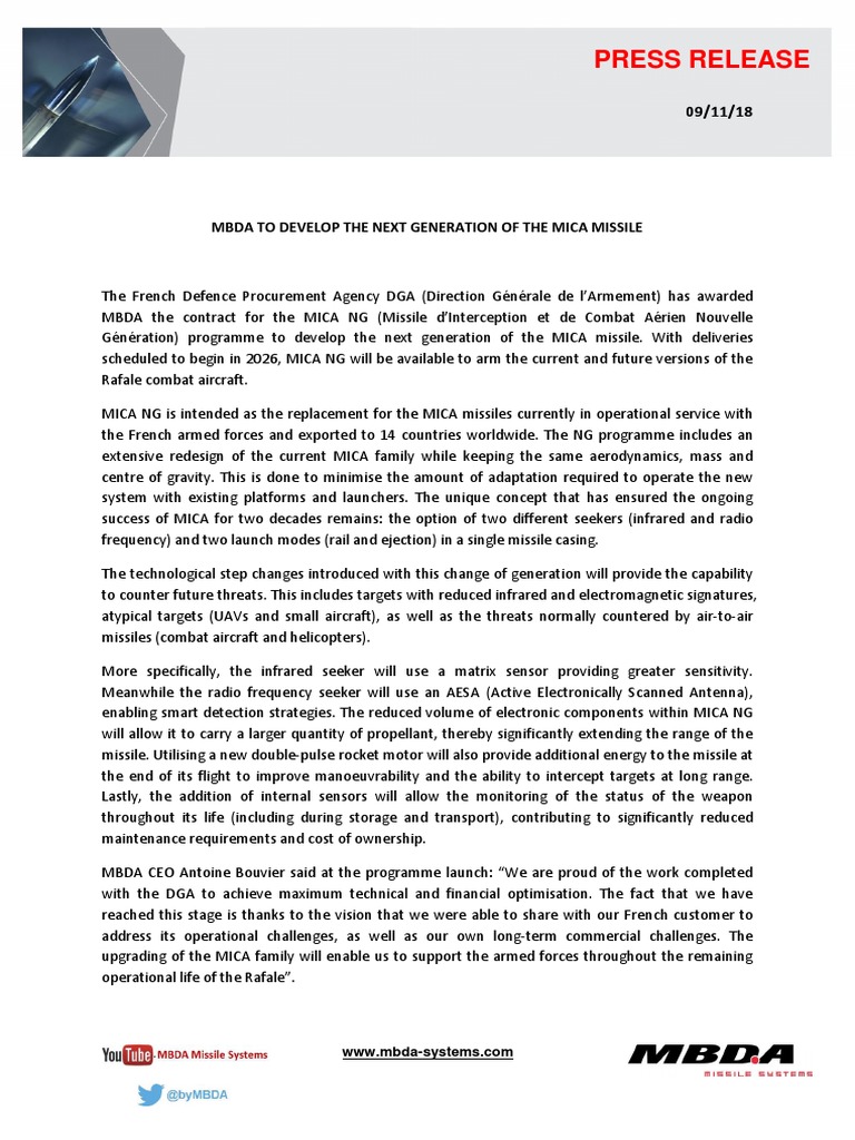 MBDA To Develop The Next Generation of The MICA Missile | PDF | Missile ...