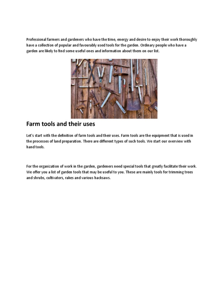 Farm Tools and Their Uses | PDF | Tillage | Plough