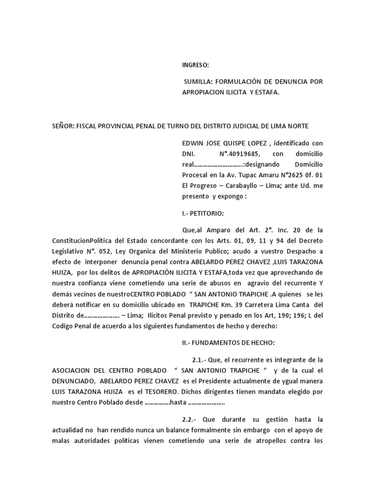 Modelo de Denuncia Penal | Información del gobierno | Instituciones ...