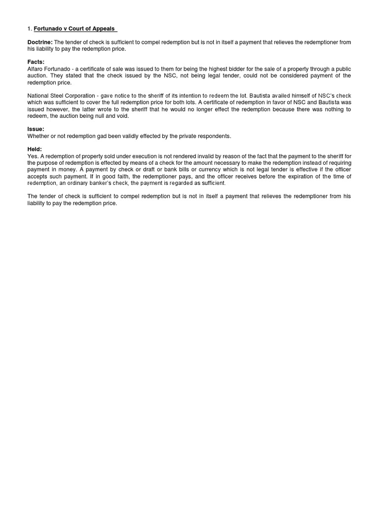 Doctrine: The Tender of Check Is Sufficient To Compel Redemption But Is ...