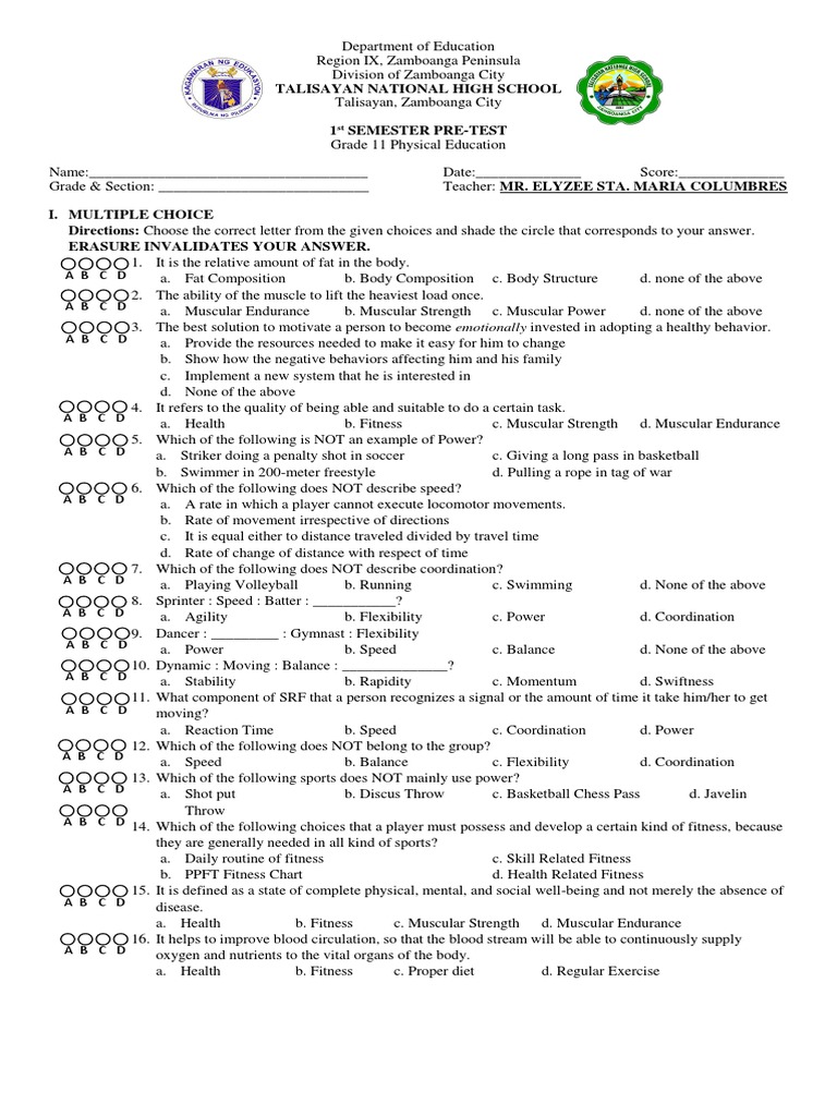 Pretest Pe11 1st Sem | PDF | Muscle | Strength Training