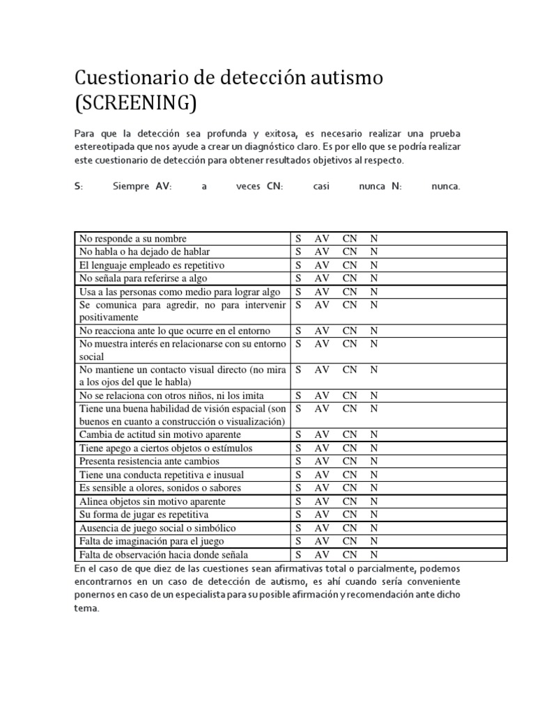 Cuestionario Detección Autismo Efectivo | PDF