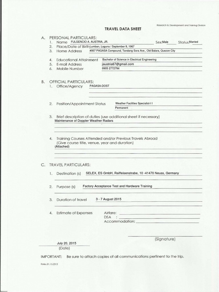 Travel Data Sheet | PDF