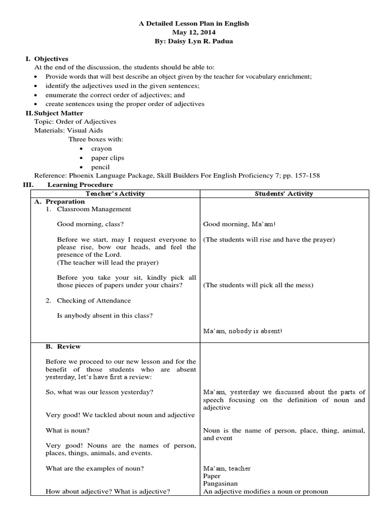 Order of Adjectives Lesson Plan | PDF | Adjective | Noun