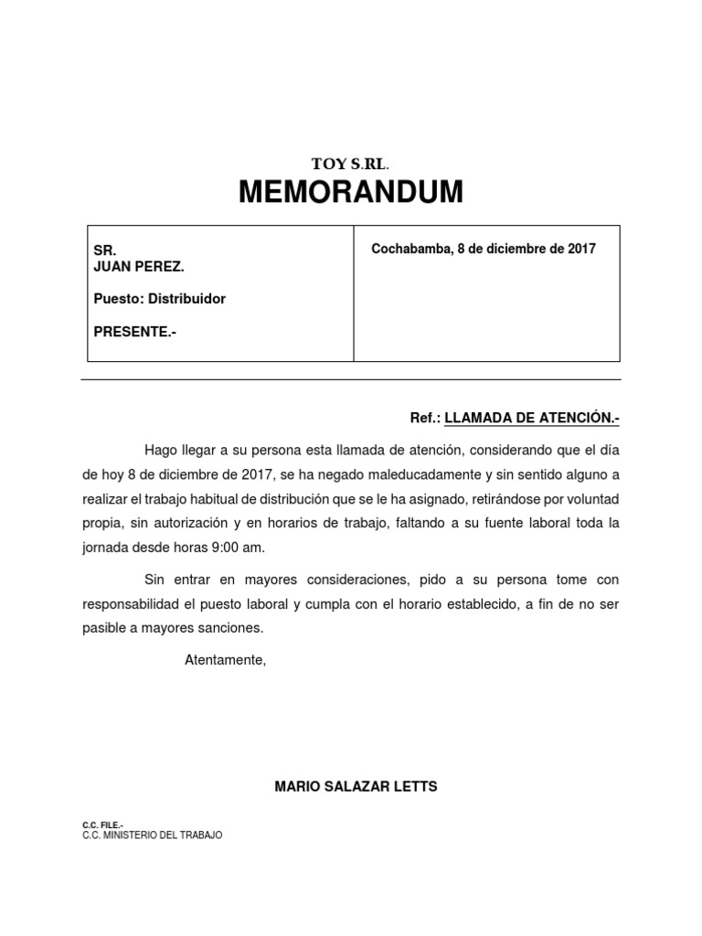 Modelo Memorandum Llamada de Atención | PDF