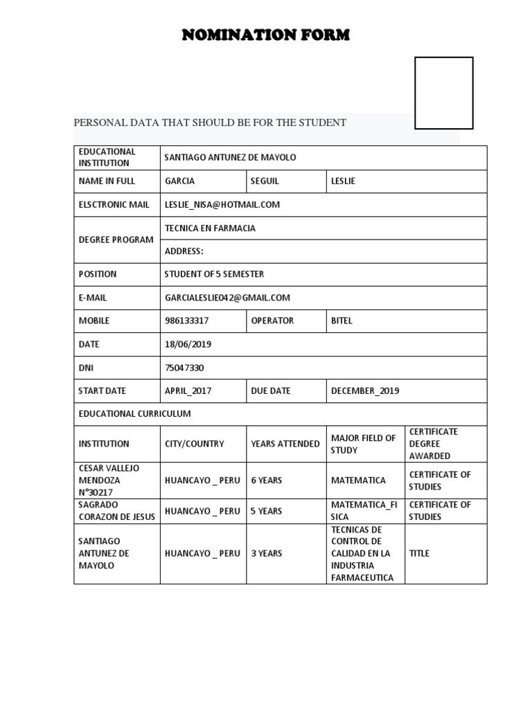 Student Nomination Form | PDF