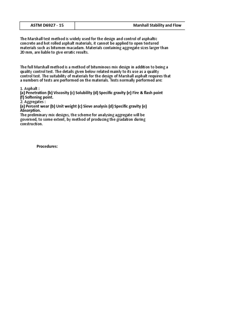 ASTM D6927: Marshall Stability Test Guide | PDF