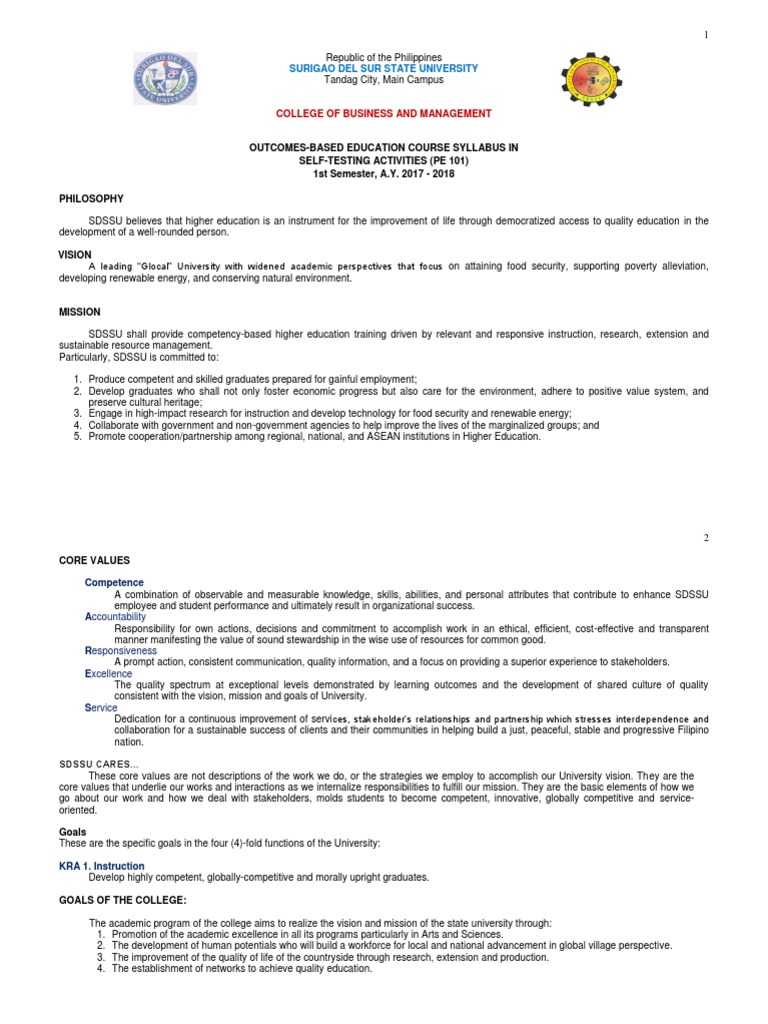 OBE Syllabus PE 101 | PDF | Curriculum | Physical Education