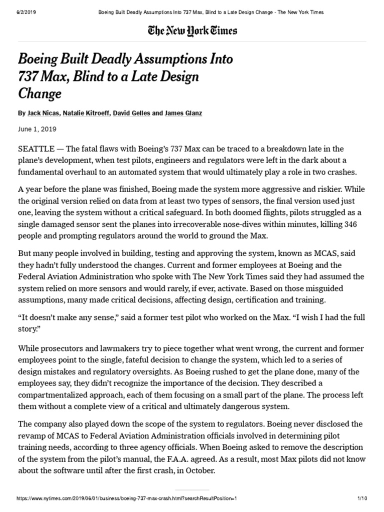 Boeing Built Deadly Assumptions Into 737 Max, Blind To A Late Design Change - The New York Times ...