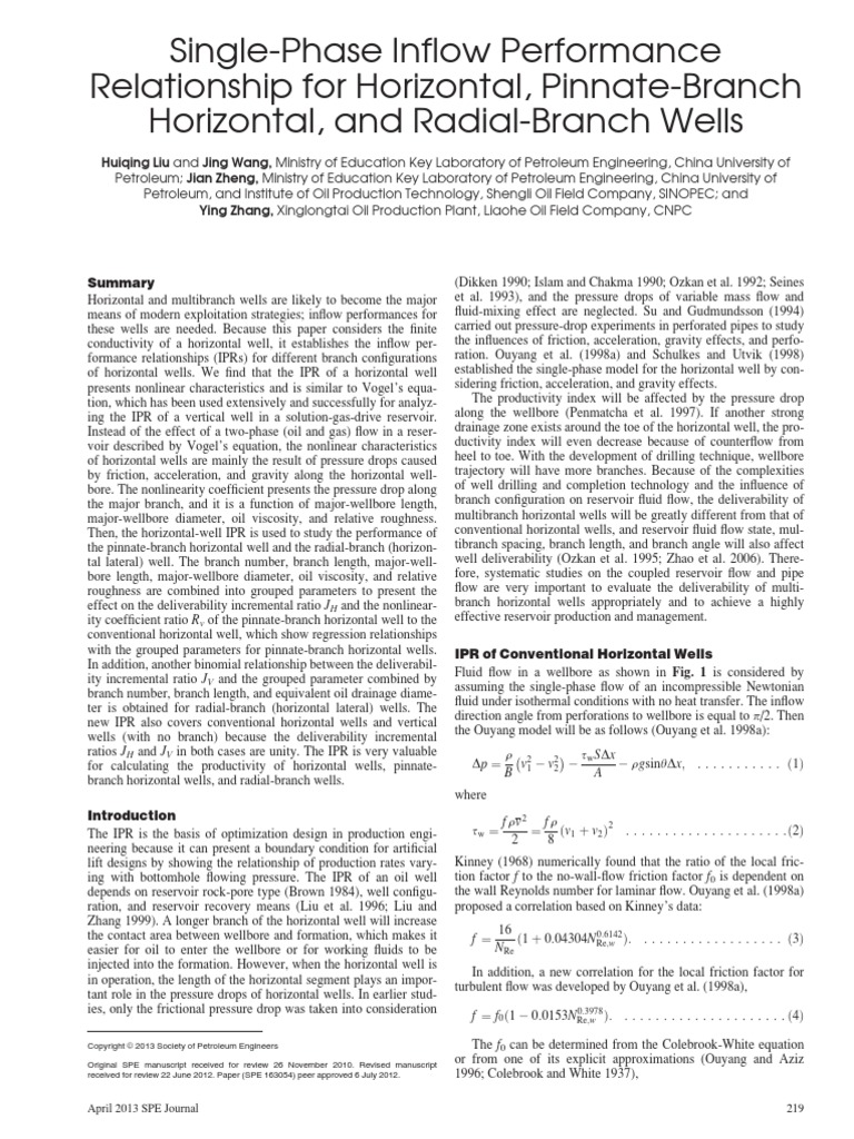 Single Phase Inflow Performance Relationship For Horizontal Wells | PDF ...