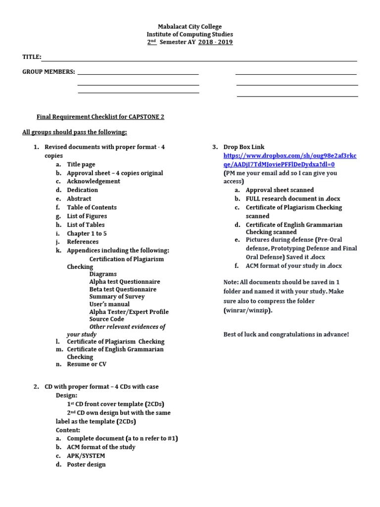 Capstone 2 Final Requirement Checklist 2019 | PDF | Software | Computing