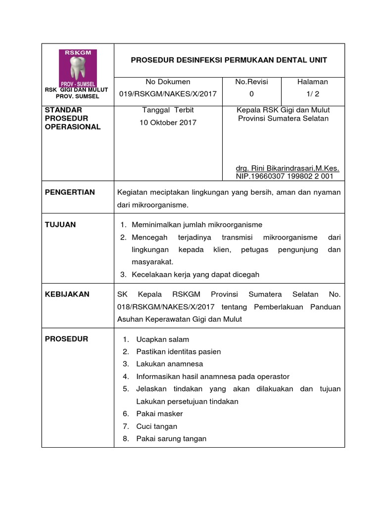 Sop Desinfeksi Dental Unit | PDF