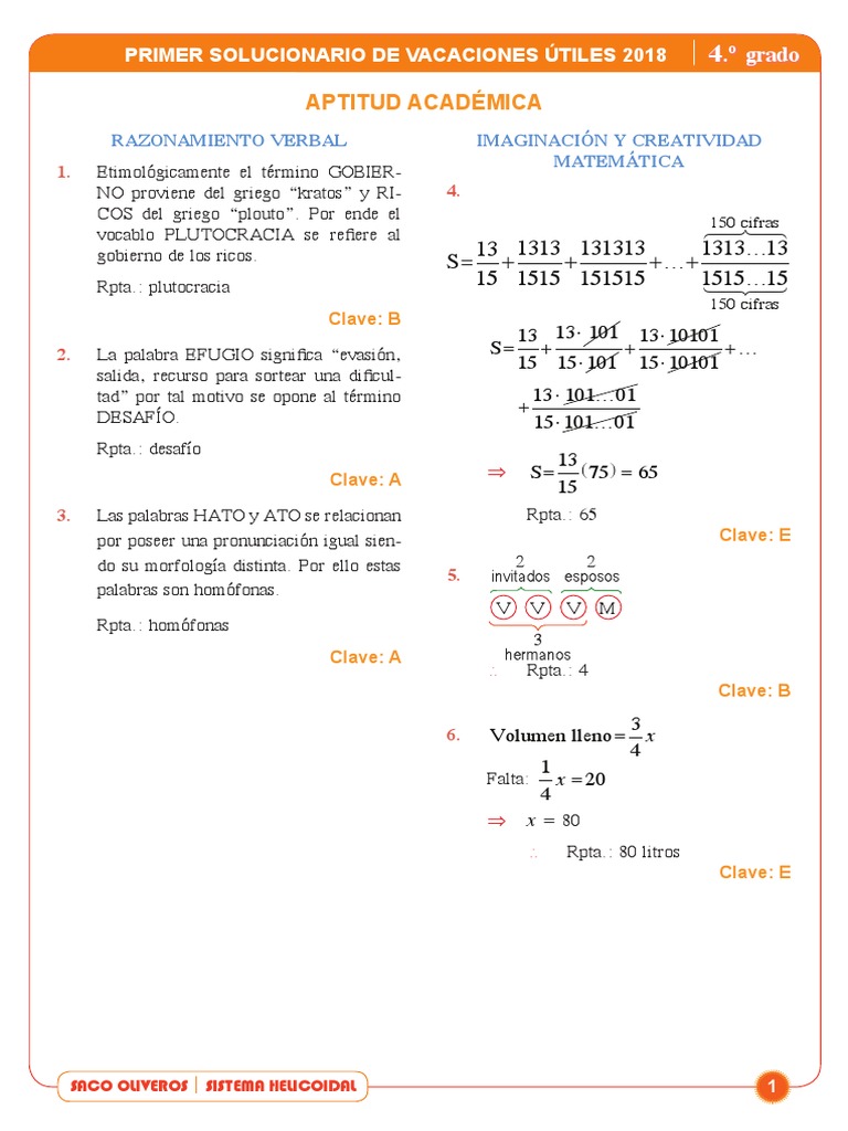 1er Solucionario Vacaciones Utiles 2018 de 4to Año | PDF | Enseñanza de ...