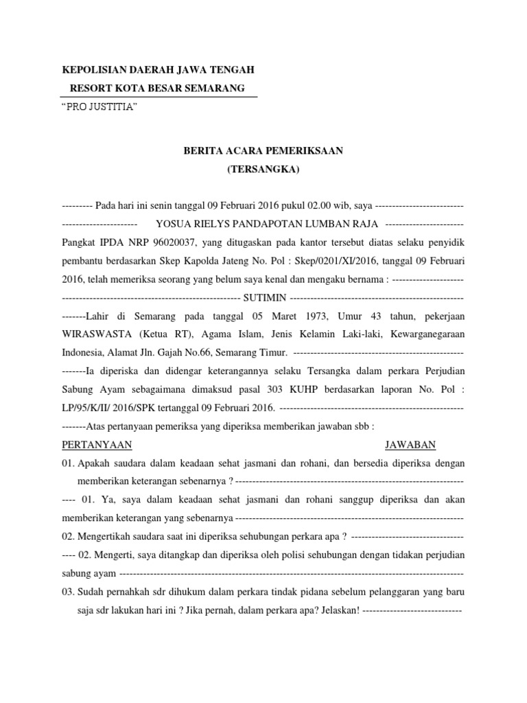 Contoh BAP SINGKAT Tersangka Judi Sabung Ayam | PDF