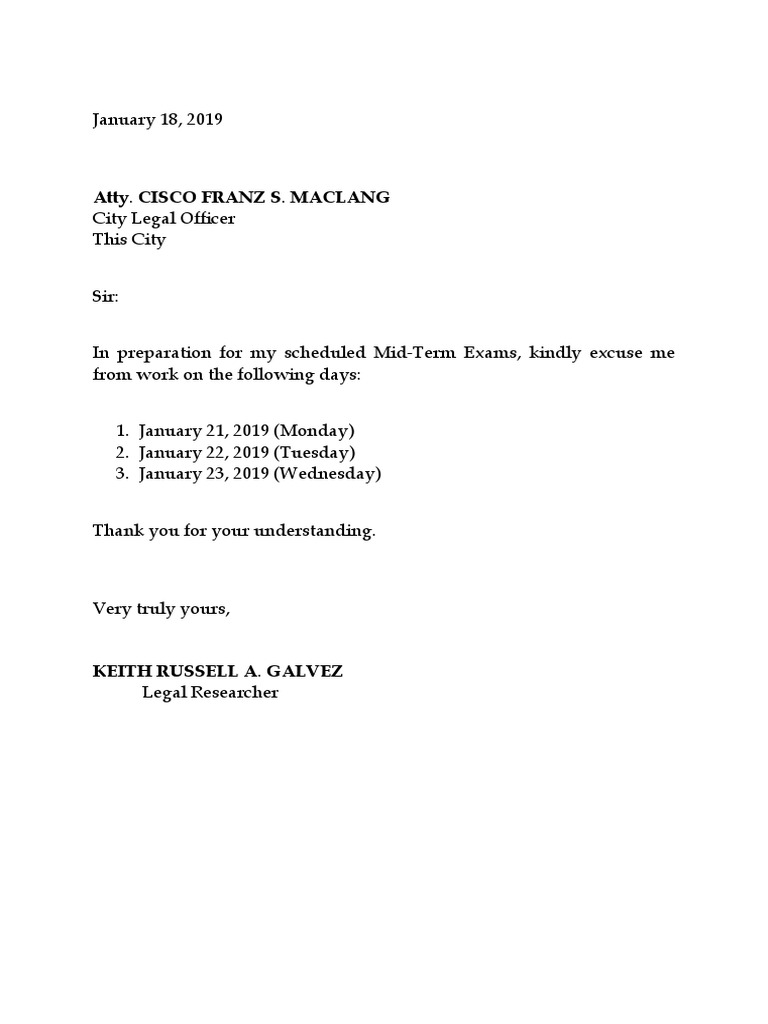Request for Excused Absence from Work to Prepare for Upcoming Mid-Term ...