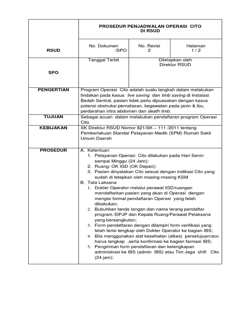 Prosedur Penjadwalan Operasi Cito | PDF