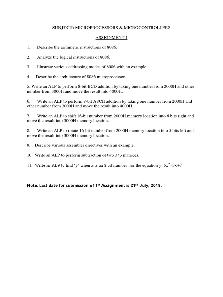 Subject: Microprocessors & Microcontrollers: Assignment Is 21 July ...