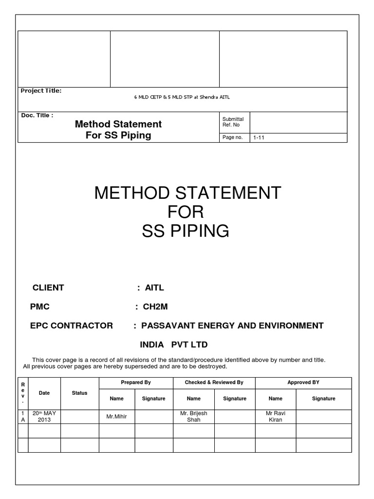 Method Statement For Ss Piping | PDF | Pipe (Fluid Conveyance) | Welding