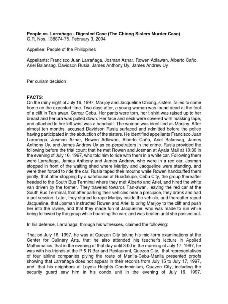 People vs. Larrañaga - The Chiong Sisters Murder Case) | PDF | Sentence ...