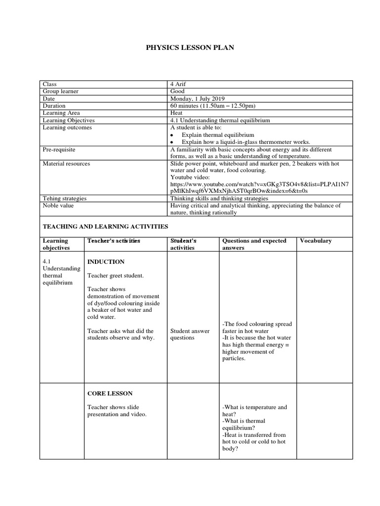 Class 4 Lesson Plan: Thermal Equilibrium | PDF | Temperature ...
