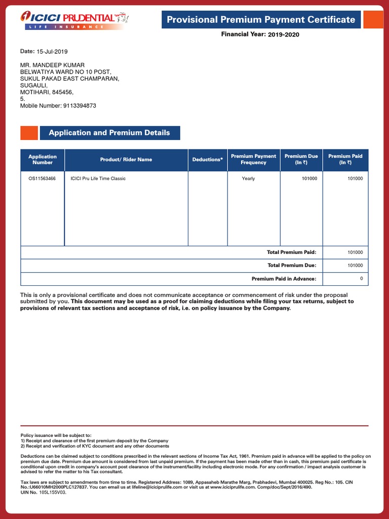 Provisional Premium Payment Certificate: Application and Premium ...