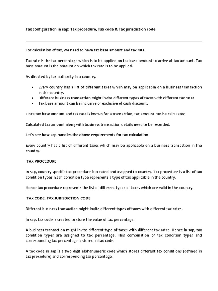 Tax Configuration in Sap: Tax Procedure, Tax Code & Tax Jurisdiction ...