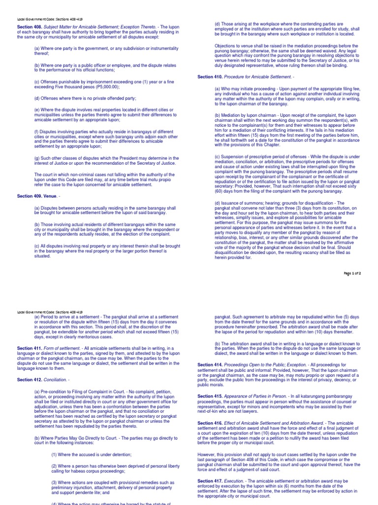 Section 408. Subject Matter For Amicable Settlement Exception Thereto ...