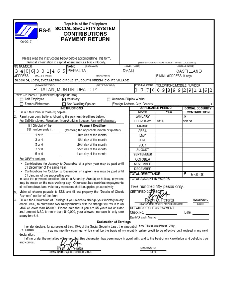 SSSForm Contributions Payment Return 2019 | PDF | Social Security ...