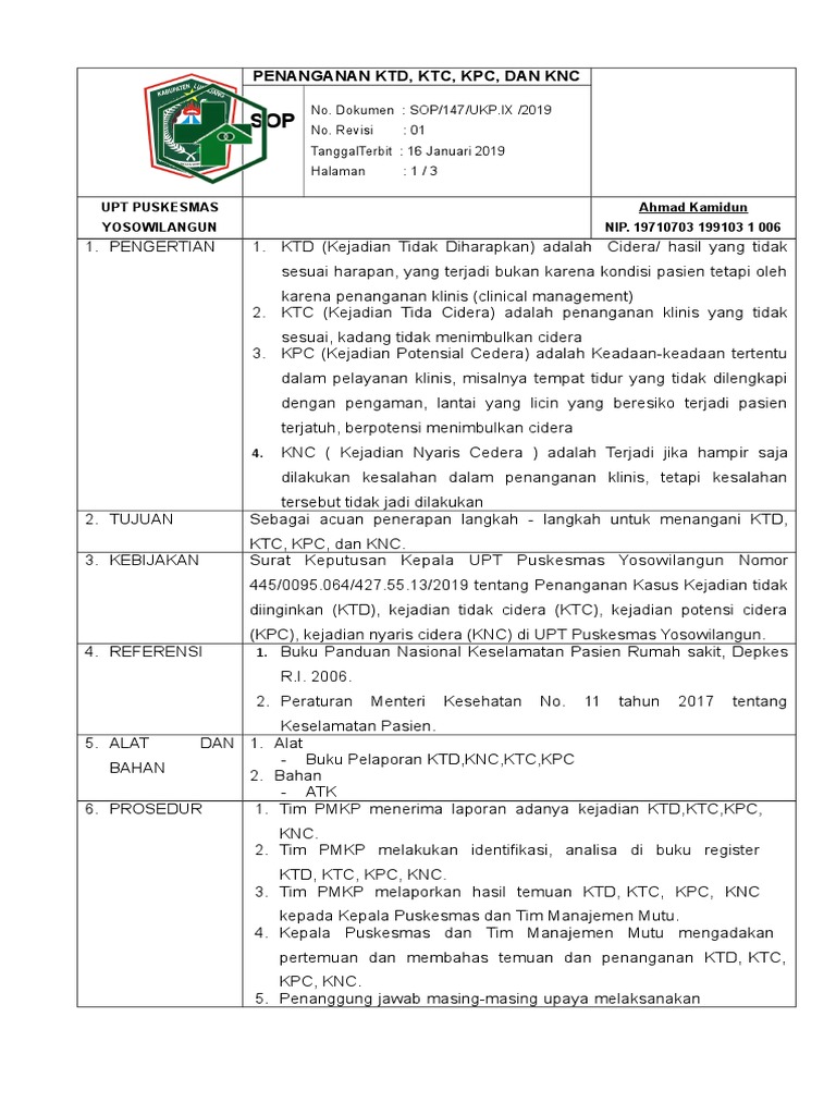 Sop Penanganan KTD, KTC, KPC, Dan KNC 2019 | PDF