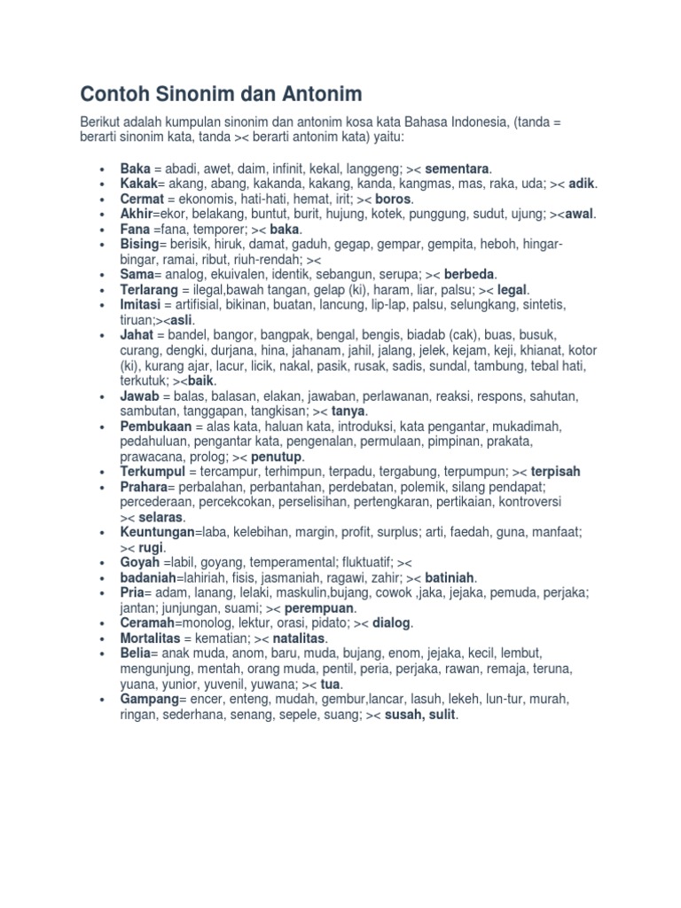 Contoh Sinonim Dan Antonim | PDF