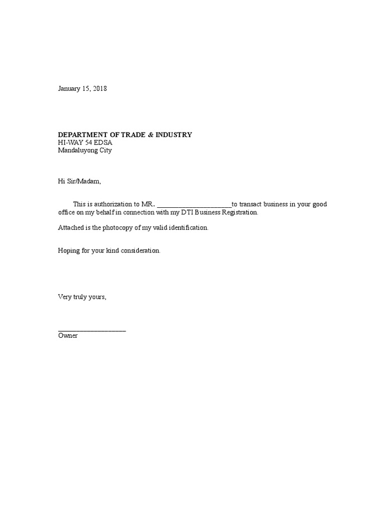 Authorization Letter DTI - BLANK | PDF