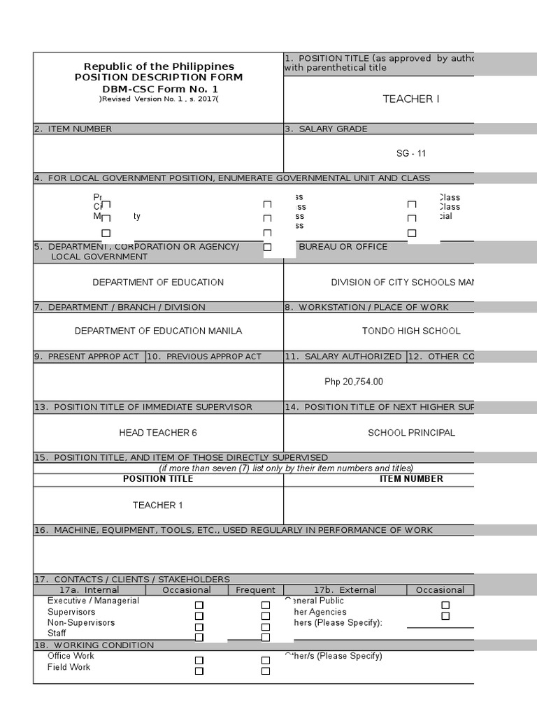 DBM CSC Form No. 1 Position Description Forms TEACHER I LAJADA | PDF ...