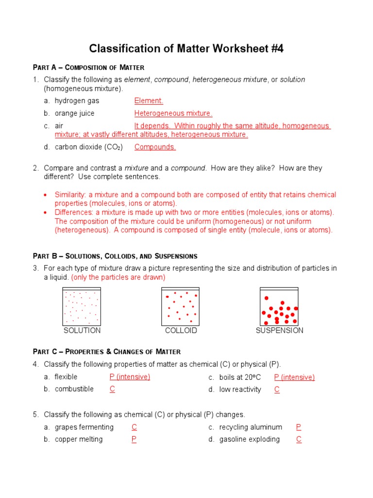 Classification of Matter Worksheet 4 | PDF