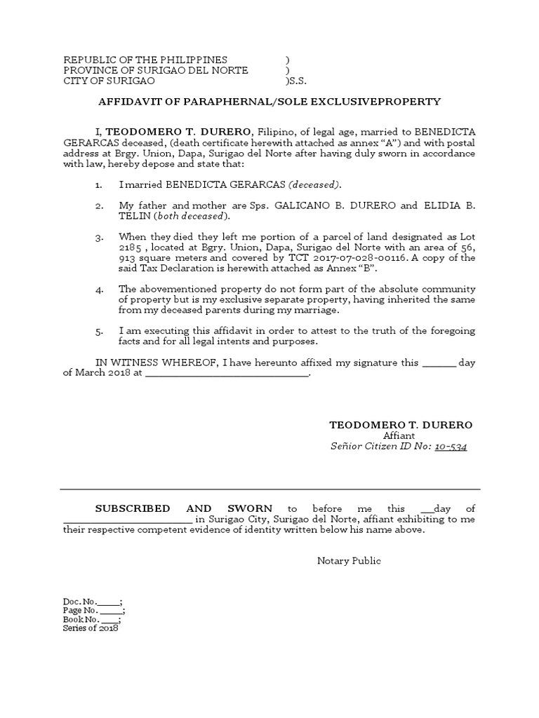 Affidavit of Paraphernal Property | PDF | Politics