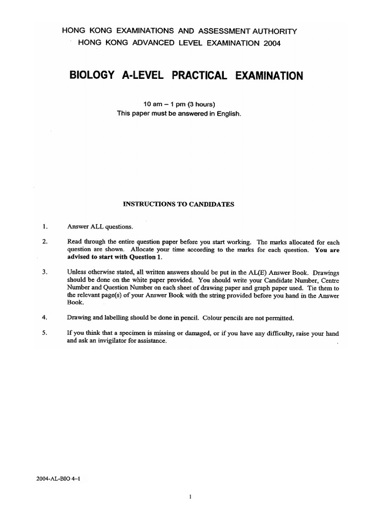 2004 AL Biology Practical Examination | PDF
