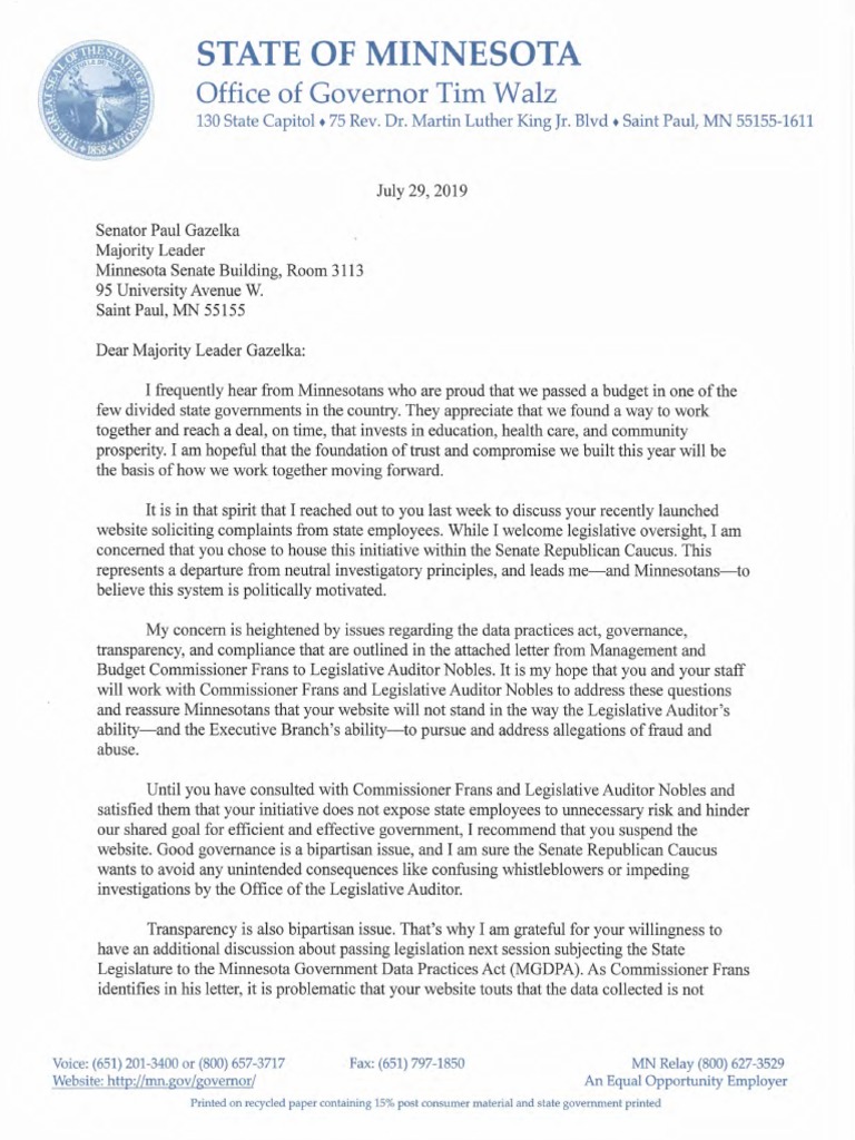 7.29.19 Gov. Tim Walz Letter To Majority Leader Paul Gazelka | Download ...
