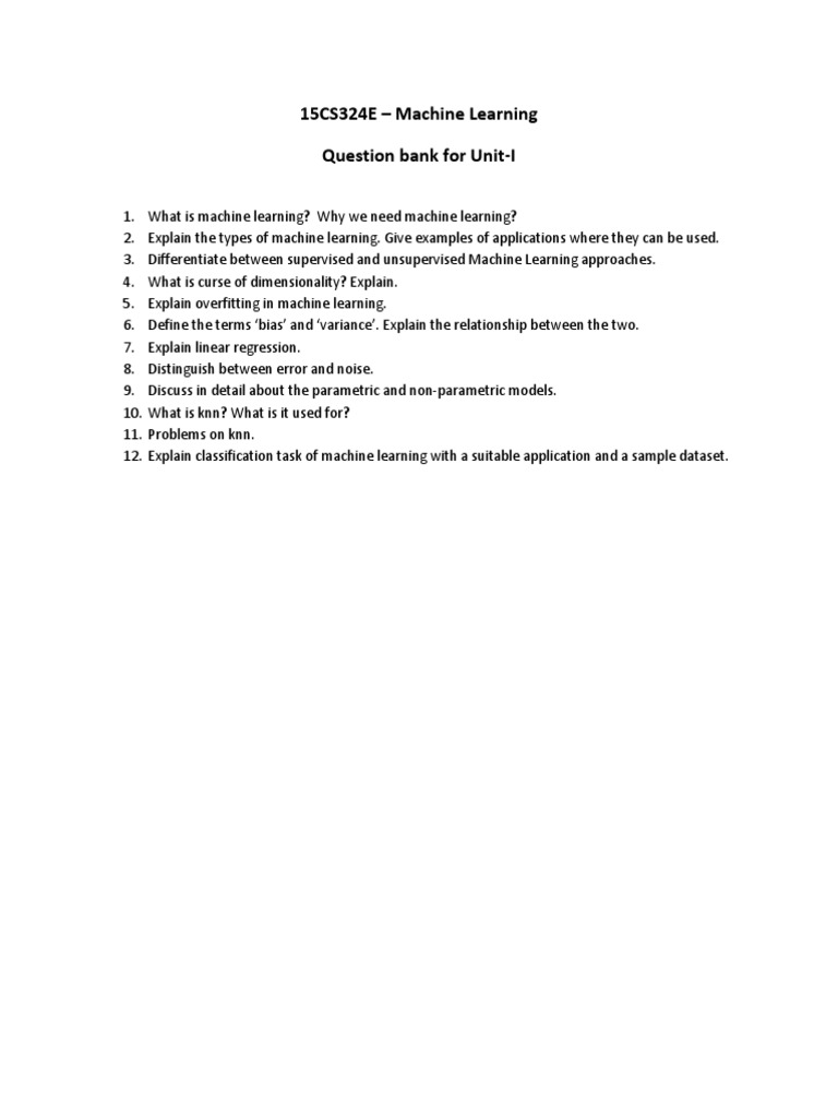 15CS324E - Machine Learning Question Bank For Unit-I | PDF
