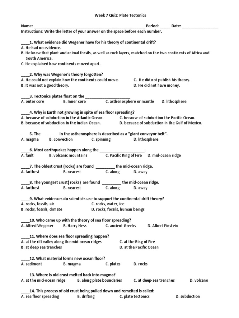 Week 7 Quiz-Plate Tectonics PDF | PDF | Plate Tectonics | Global ...
