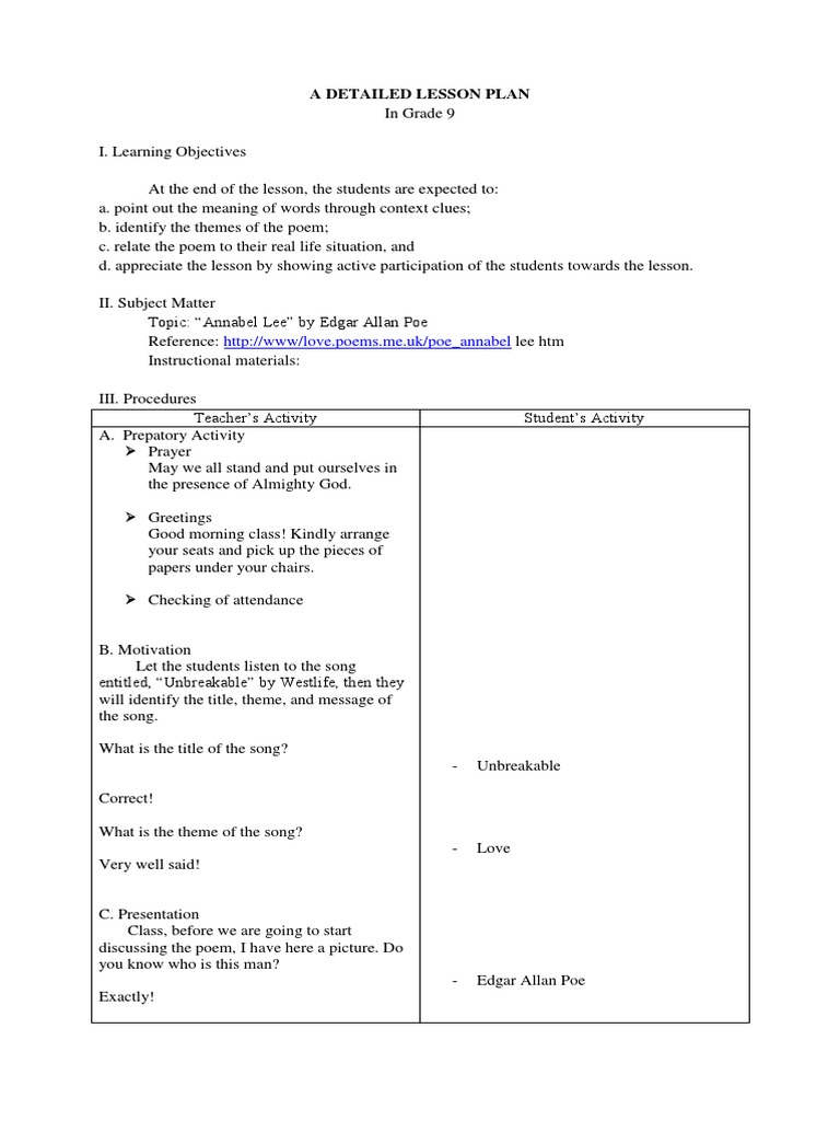 A Detailed Lesson Plan | PDF | Edgar Allan Poe