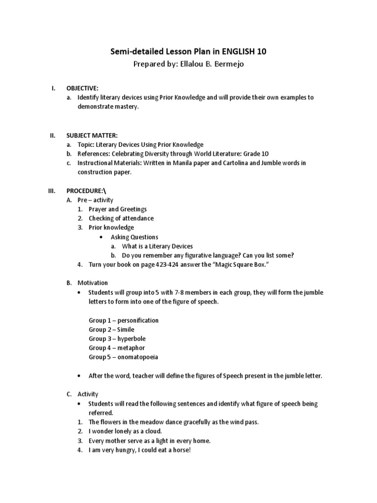 Semi-Detailed Lesson Plan in ENGLISH 10: Prepared By: Ellalou B ...